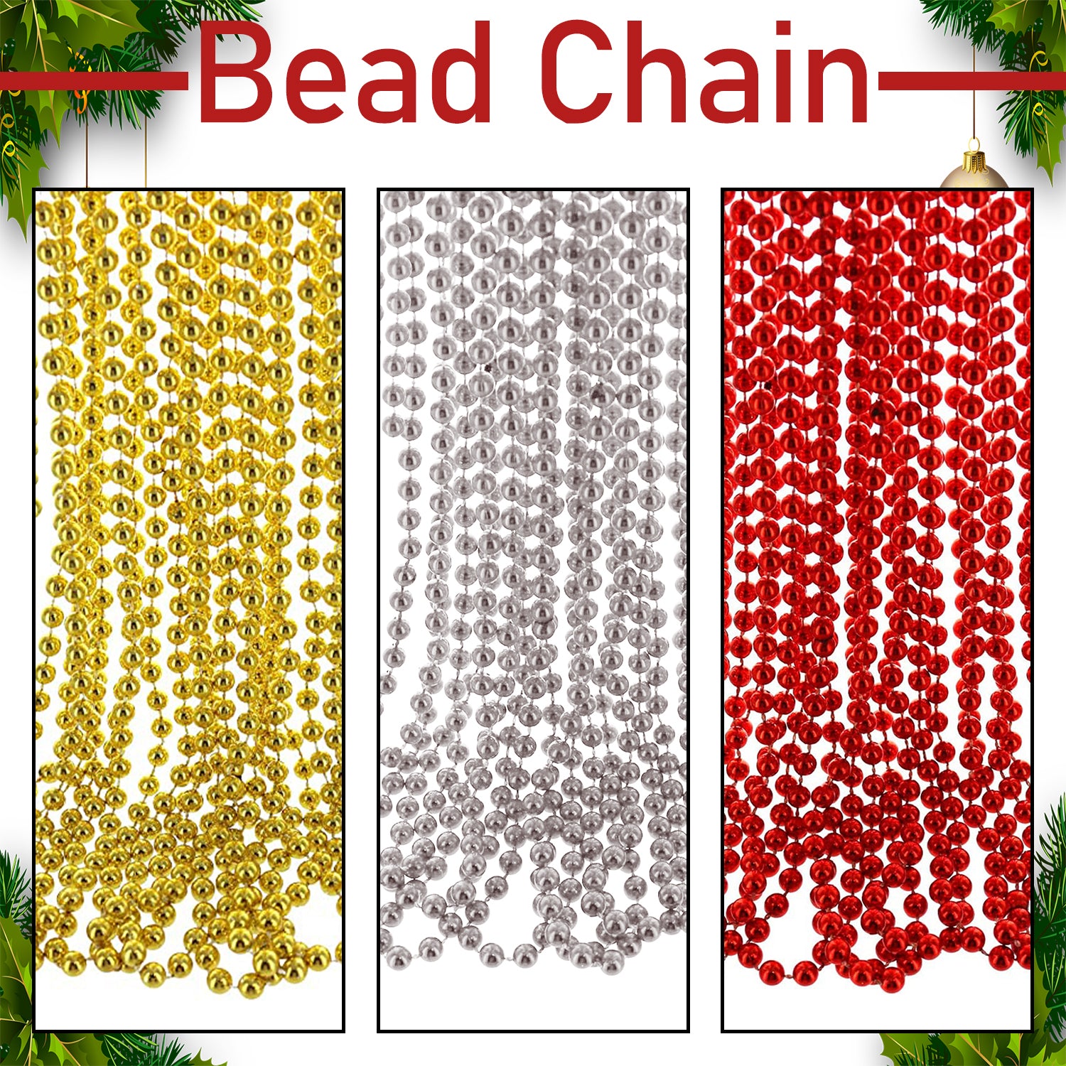 24ft Metallic Bead Chain for Christmas Tree Decoration